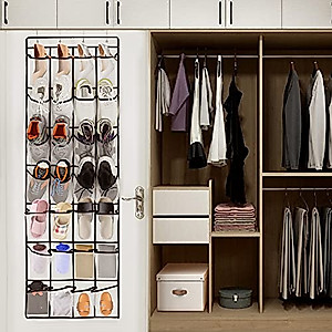smellshark Hanging Shoe Rack Holder with 28 Extra Large Mesh Pockets Door Shoe Organizer with 4 Metal Hooks for Men,Women,Kids Storage Shoes,High Heels,Slippers,Accessories,Toiletries, Grey
