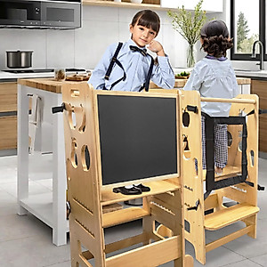 Wooden Brown 1-3 Toddler Tower Kitchen Helper,Height Adjustable Learning Standing Tower with Black and White Activity Board & Safety Net Perfect for Kitchen, Bathroom and Bedroom Children Step Stool