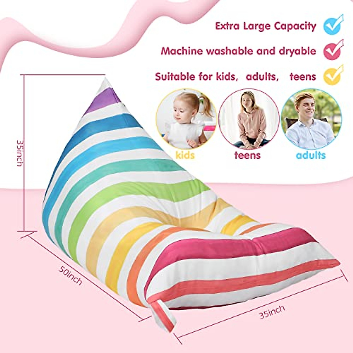 Stuffed Animal Storage Bean Bag Chair Cover Organizer Extra Large Beanbag Stuffed Animal Holder Canvas Stuff Animal Storage Sleeping Storage Bean Bag Chair Without Filling for Kids (Rainbow Style)