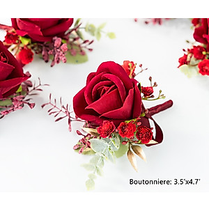 YSOJMAN Corsage and Boutonniere Set for Groom Bride Groomsmen Bridesmaids Wedding Party Prom, Artificial Roses Flower Boutonniere for Men Wedding Mother Grandmother for Bridal Shower Prom (Burgundy)