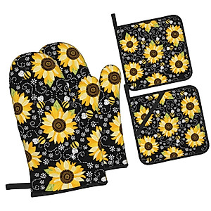 Sunflower Bees Oven Mitts and Pot Holders Sets of 4 High Heat Resistant Oven Mitts with Oven Gloves and Hot Pads Polyester Potholders for Kitchen Baking Grilling BBQ Non-Slip Cooking Mitts