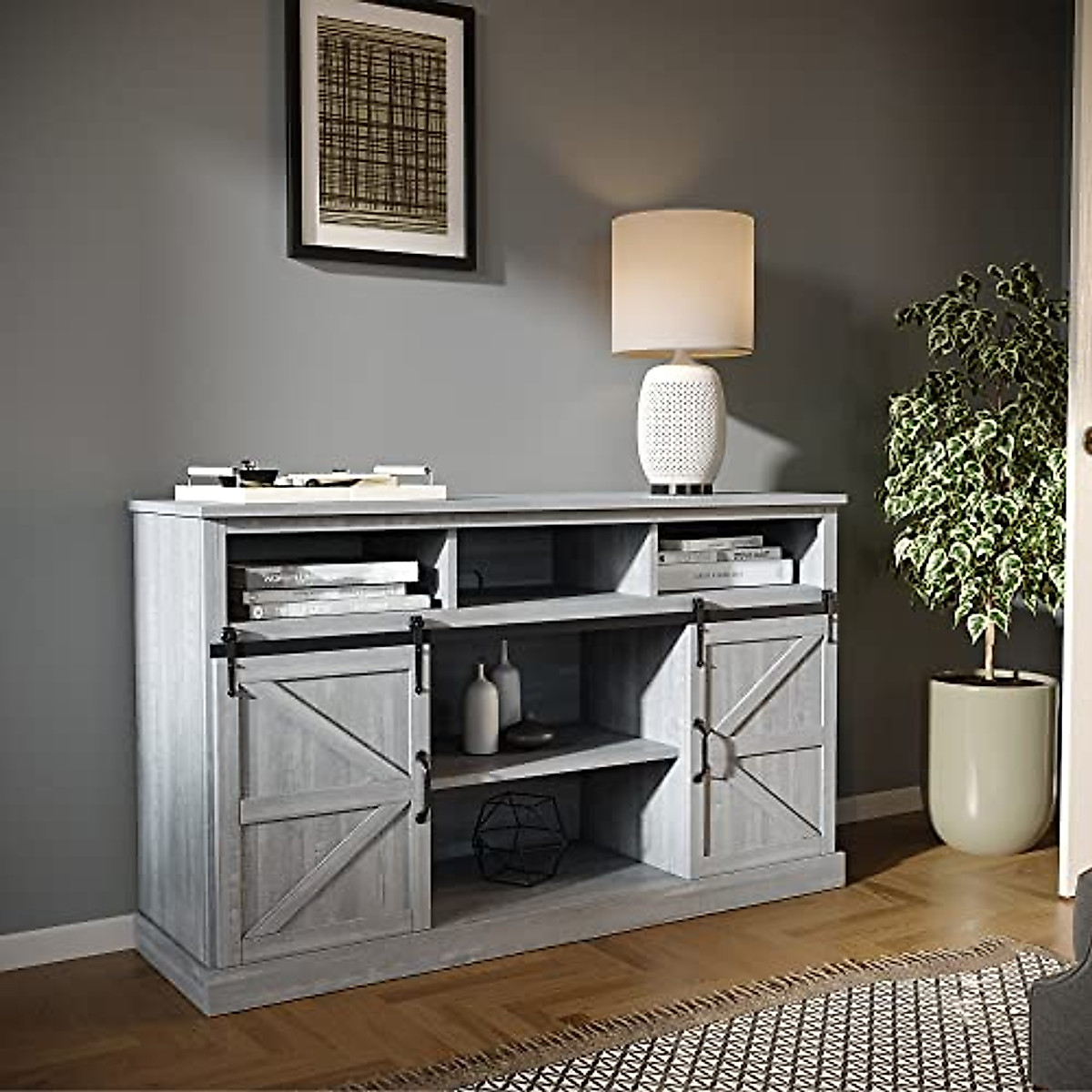 BELLEZE Modern 52 Inch Farmhouse Highboy TV Stand & Media Entertainment Center Console Table for TVs up to 55 Inch with Sliding Barn Door and Storage Cabinets - Parker (Stone Gray)