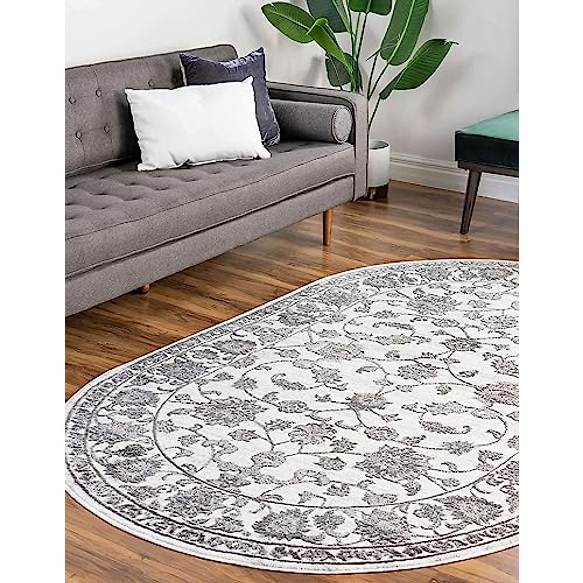Unique Loom Boston Collection Area Rug - Floral (5' 3" x 8' Oval, white Gray/ Ivory)