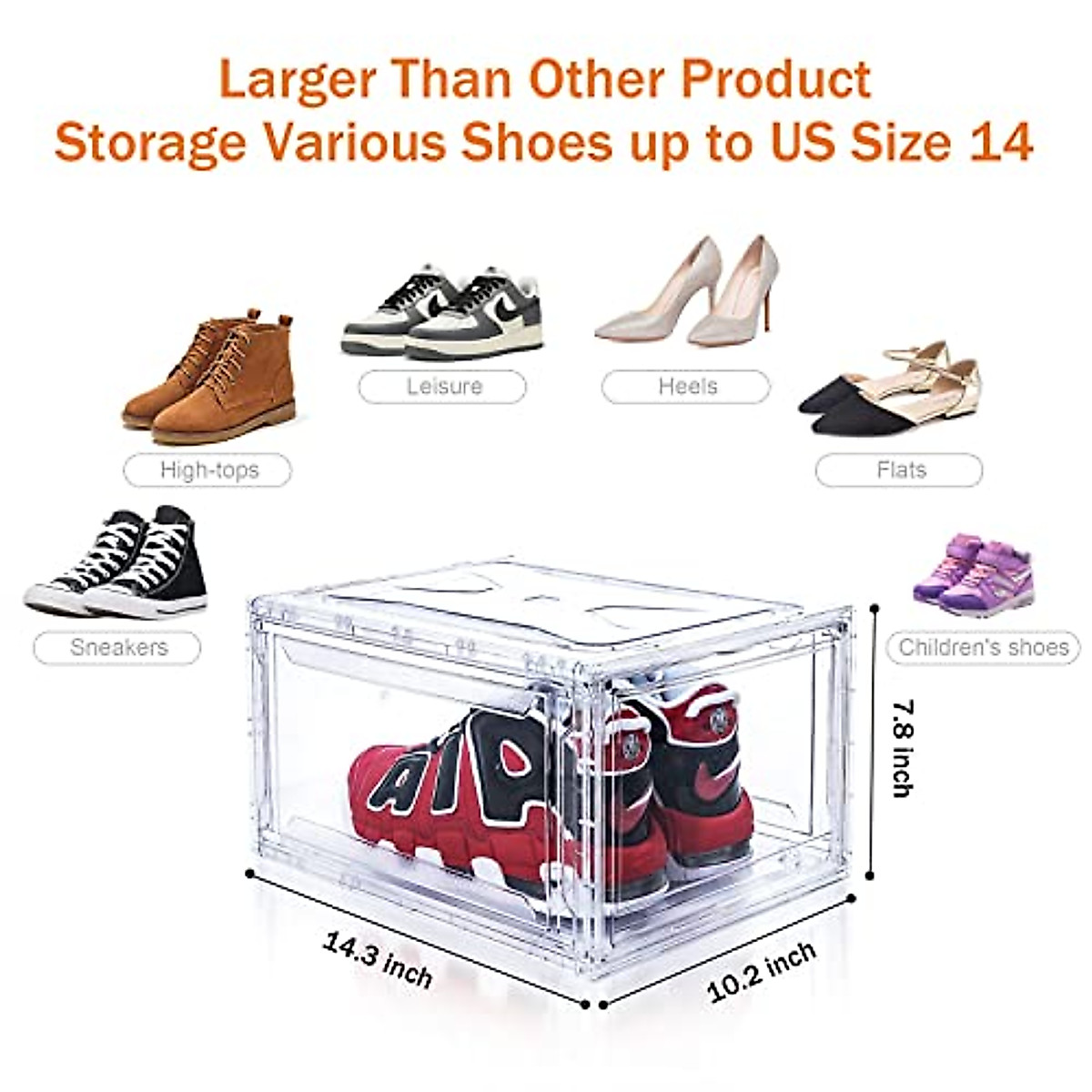 10 Pack Shoe Boxes Clear Stackable, Large Shoe Storage Boxes, Space Saving Acrylic Shoe Boxes, Foldable Shoe Container Boxes that Fits Up to Size 14 Shoes (10 Pack Transparent)