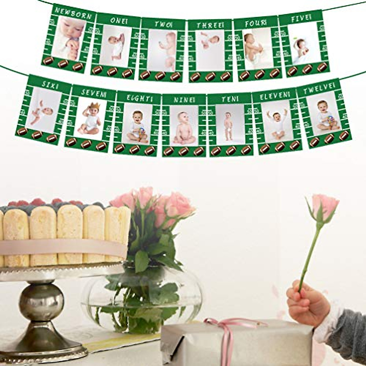 Amosfun 1st Birthday Photo Banner Football Theme Garland Banner for Newborn to 12 Months, Monthly Milestone Photograph Bunting Garland