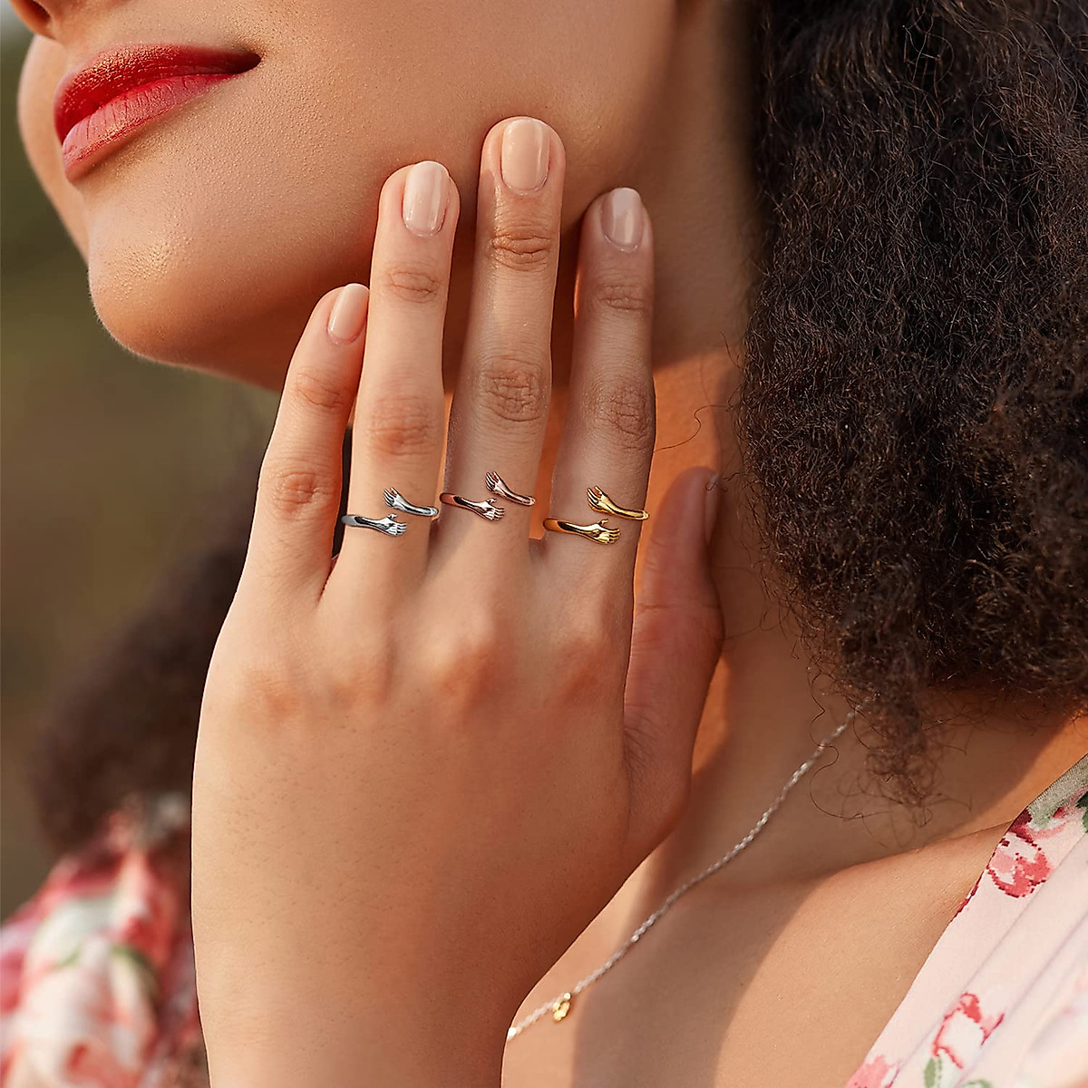 VOROCO 925 Sterling Silver Rings for Women Teen Hug Hand Ring Adjustable Jewelry Gifts for Daughters Mom Sister Wife Friends Grandma