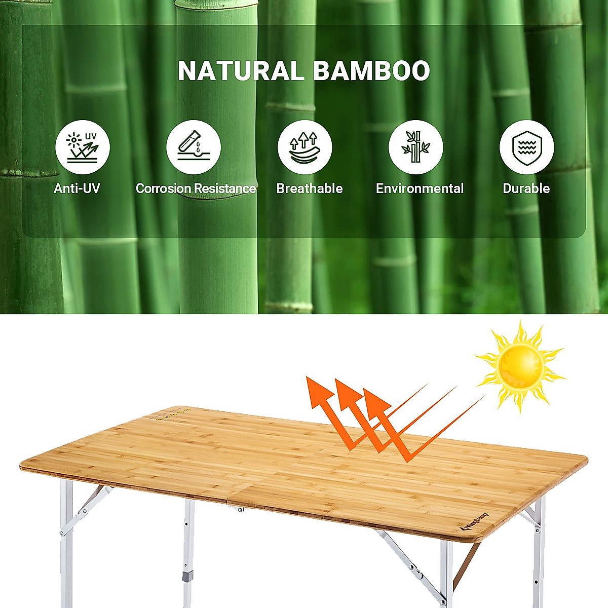 KingCamp Bamboo Folding Camping Table with Adjustable Height Aluminum Legs Heavy Duty 176 lbs Portable for Travel, Picnic, Beach, 6 People, 47.2'' 27.6'' 27.6", 47.2''x27.6'', 4-6 Person