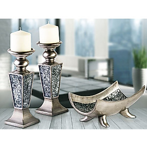 Creative Scents Schonwerk Pillar Candle Holder Set of 2 - Crackled Mosaic Design - Coffee Table Decor - Decoration Centerpiece for Living Room or Dining Room - Best Wedding Gift (Silver)