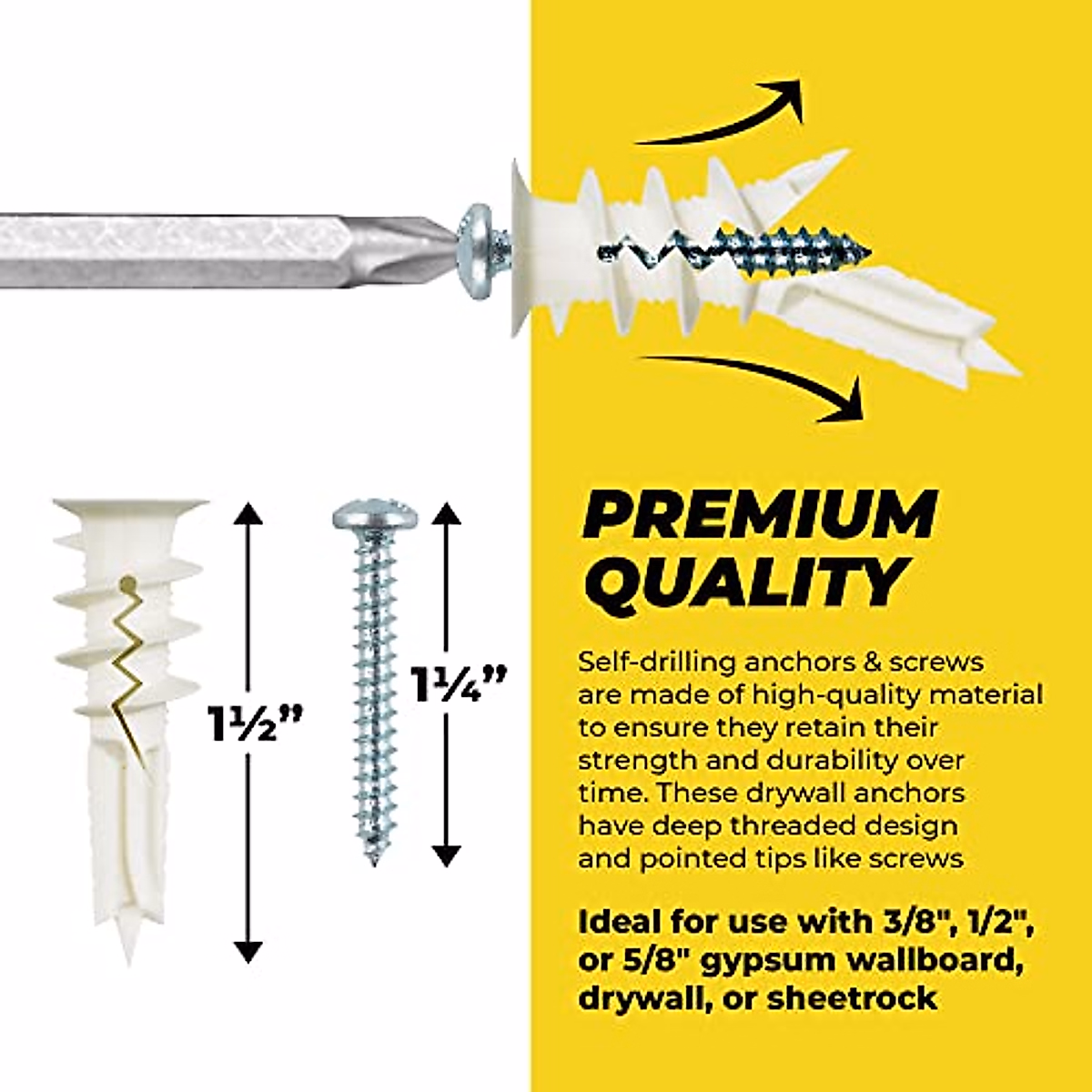 #8 Self Drilling Drywall Plastic Anchors with Screws - No Pre Drill Hole Preparation Required - 75 Lbs