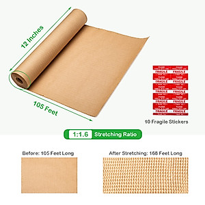 Wowxyz Honeycomb Packing Paper Wrap 12"x105' Recycled Cushion Wrapping Roll Eco Friendly Shipping Moving Green Wrap with 10 Fragile Sticker Labels - Protective Kraft Packaging Suppliers Brown