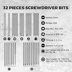 InPower Extra Long Security Power Bit Set, 32 Piece 6" Long Security Screwdriver Bit Set, 1/4" Shank, S2 Steel