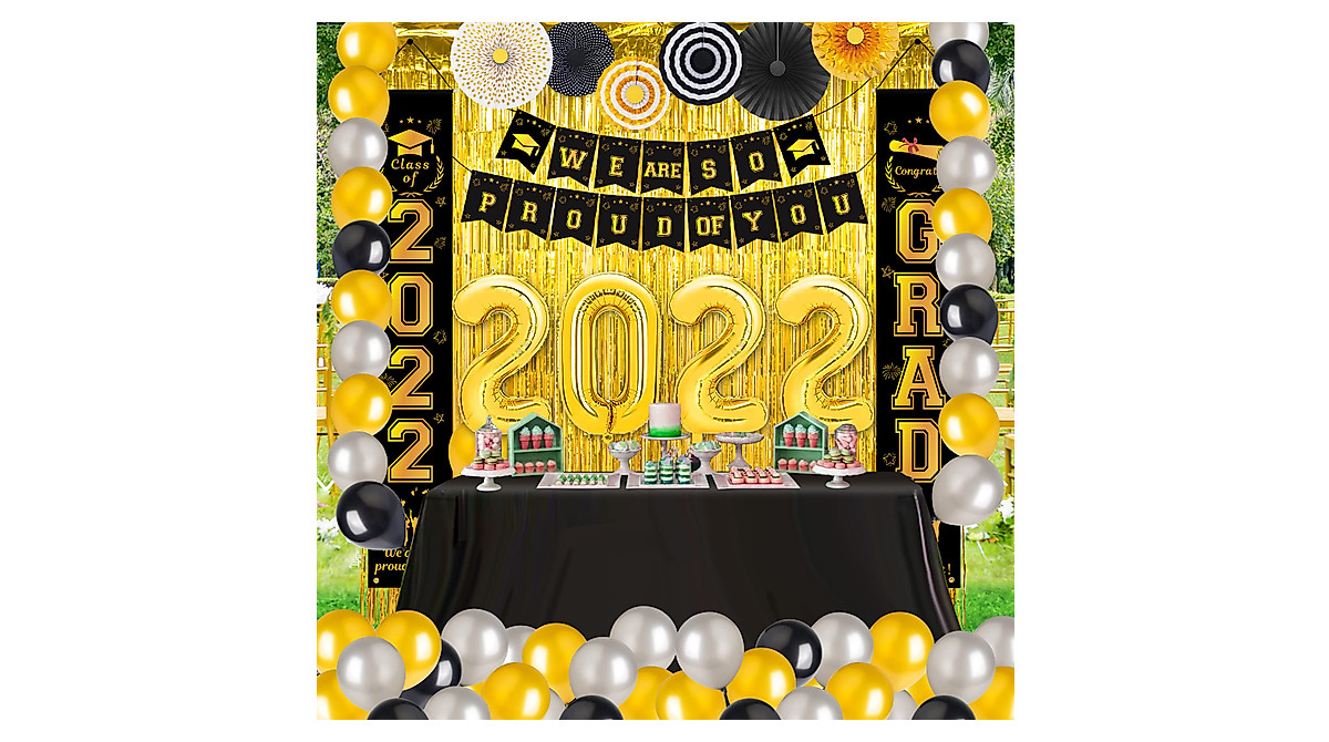 2022 Graduation Decorations Kit - Black & Gold Party Supplies
