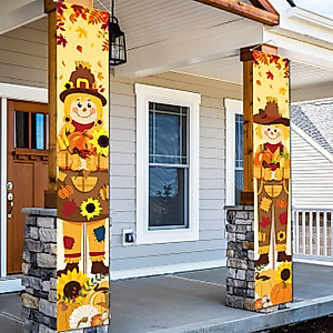Thanksgiving Decorations Porch Sign Banner Fall Harvest Scarecrow Front Porch Decorations Banner Pumpkin Maple Leaves Thanksgiving Decor, Autumn Thanksgiving Banner for Indoor Outdoor
