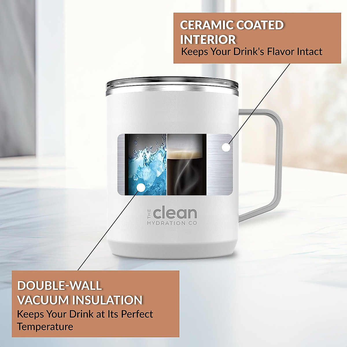 The Clean Hydration Company Insulated Coffee tumbler | Travel coffee mug | Ceramic Lined Tumbler | Iced Coffee Tumbler Cup with Lid | Double Wall Vacuum (White, Mug 12oz)