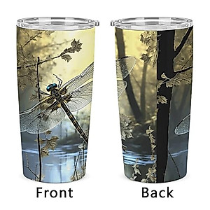 FHENMSA Stainless Steel Insulated Travel Coffee Mug,Dragonflies Print Reusable Car Cup,Thermal Cup for Outdoor with Straw And Lid
