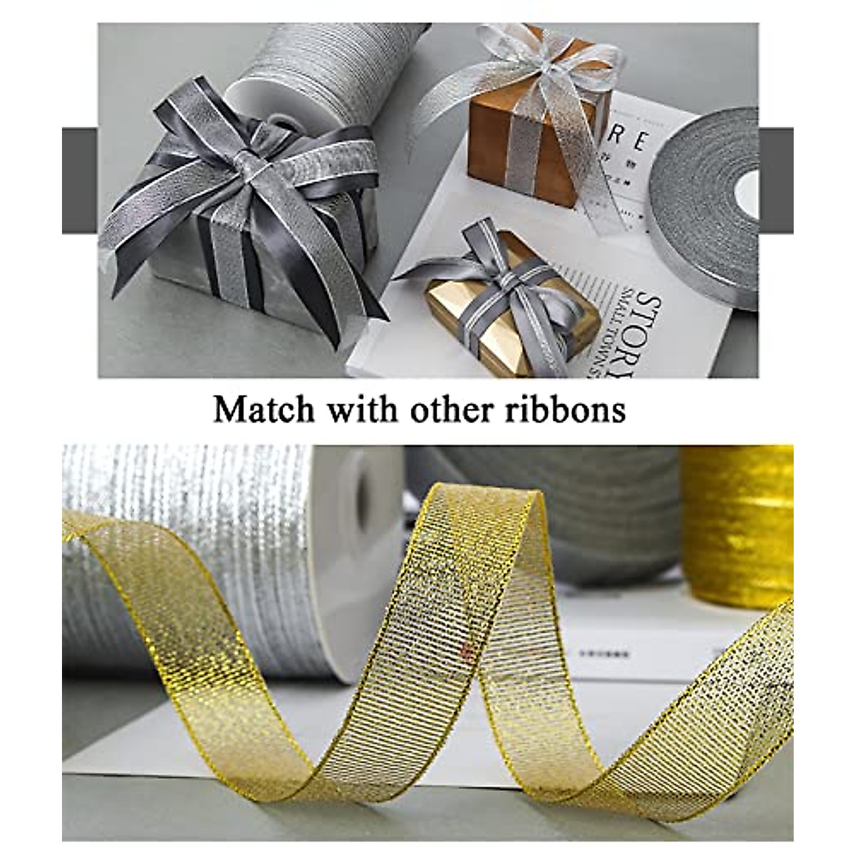 YASEO 1 1/2 Inch Silver Glitter Ribbon, 25 Yards Sparkly Metallic Fabric Ribbons for Gifts Wrapping Wedding Party Decoration and Crafts