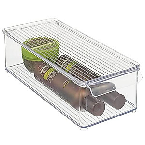 mDesign Slim Plastic Storage Organizer Bin with Handle and Lid for Bathroom Vanity - Hold Soap, Body Wash, Shampoo, Lotion, Conditioner, Hand Towels, Hair Accessories, Body Spray, Mouthwash - Clear