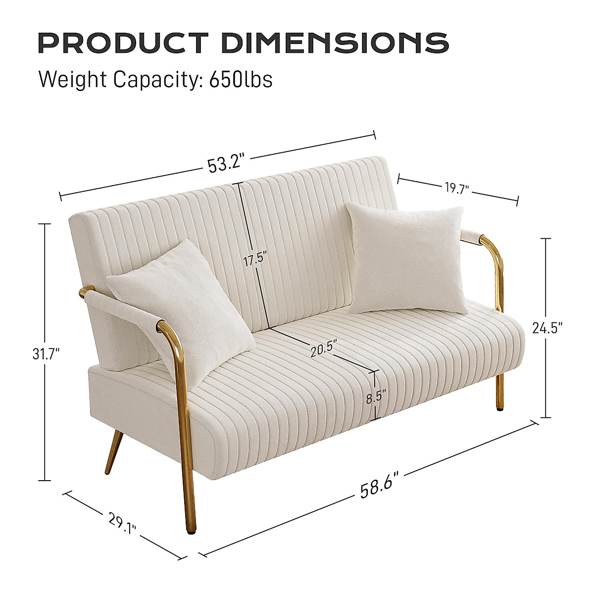 Nolohoo Loveseat Couch with Gold Legs, Velvet Upholstered Small 2 Seater Sofa with 2 Pillows, 58.6" W Comfy Settee Mini Couches for Office Living Room Compact Space (Beige White,Velvet)