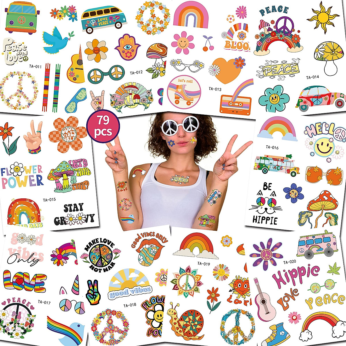 TATUWST Hippie Temporary Tattoos for man and Women Adult 70’s Groovy Hippie Love and Peace Rainbow Waterproof Face Body Waterproof Body Party Accessories,79 styles Tiny Removable Fake Tattoo stickers