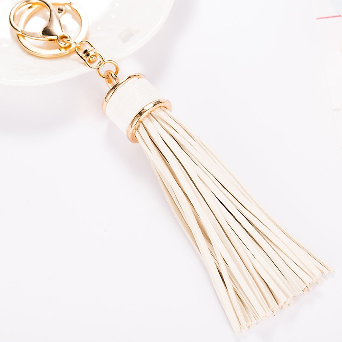 ZOONAI Women Leather Tassels Keychain Car Circle Key Rings Gift Bag Hanging Buckle (White)