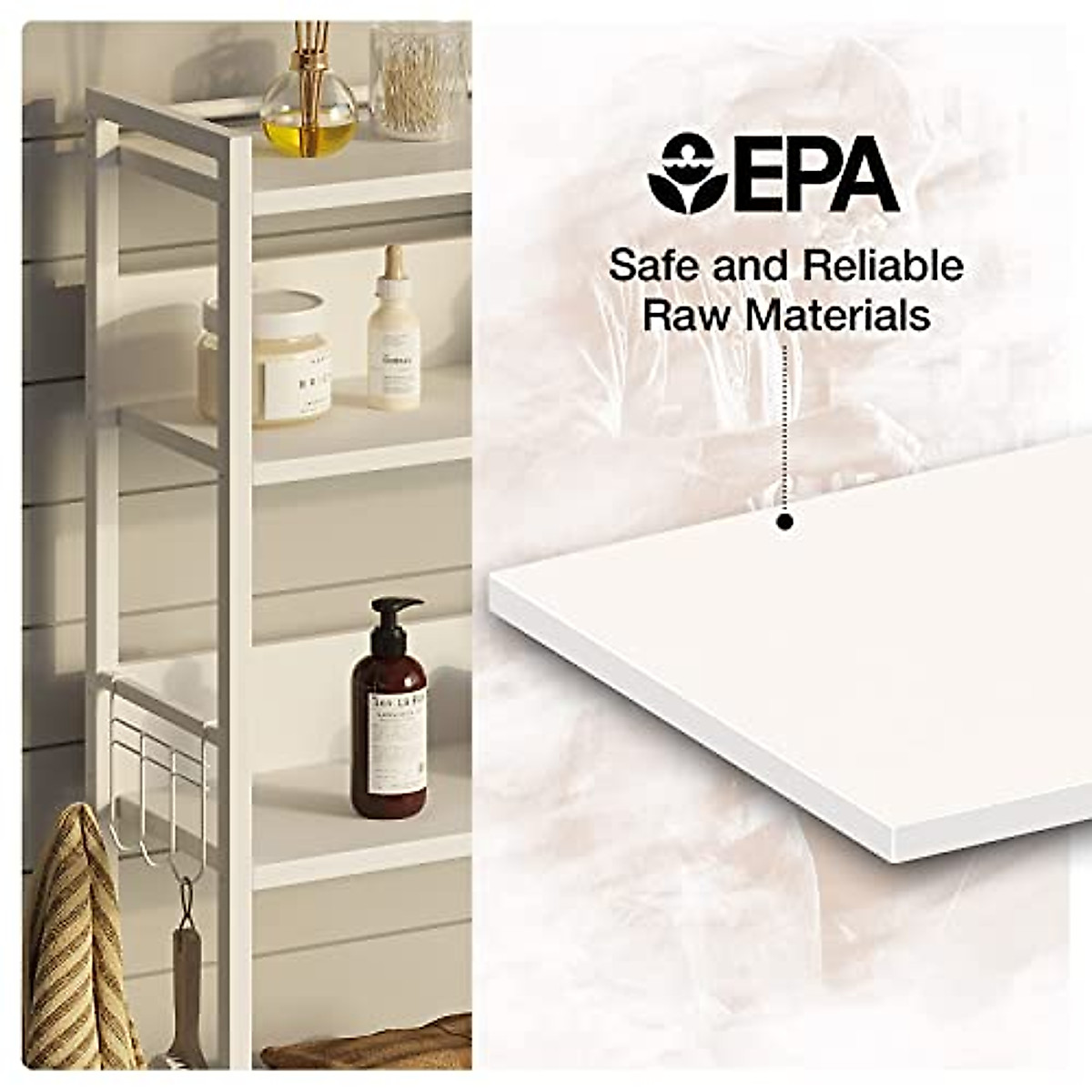 Rolanstar Over The Toilet Storage, 4-Tier Wooden Bathroom Space Saver with Hooks, Freestanding Bathroom Organizer, Multifunctional Over The Toilet Storage Rack, Bathroom Toilet Rack, White