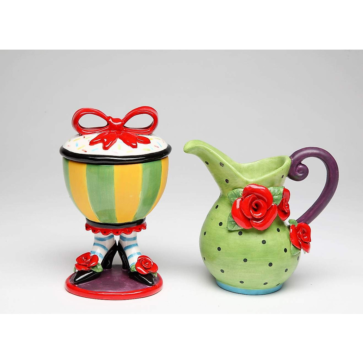 ATD 5.38 Inch Yellow and Green Sugar Bowl on Shoes and Green Creamer Set
