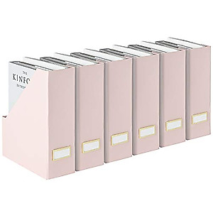 BLU MONACO Set of 6 Foldable Pink Cute Magazine Holders with Gold Label Holders - Stylish Magazine Storage for Desk, Shelves, and Closets - Book Bins, Files Organizers and Document Storage