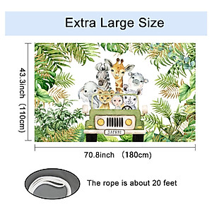 Mocsicka Safari Jungle Animal Party Banner Wild One Baby Shower Birthday Party Decoration for Boy Cartoon Elephant Giraffe Lion Forest Jungle Theme Party Supplies, 72.8 x 43.3 Inch