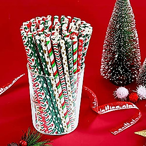 ALINK 200 Christmas Paper Straws, 8 Styles Red Green White Gold Biodegradable Party Drinking Straws with Stripe, Wave, Christmas Tree Snowflake Design Decorations Supplies