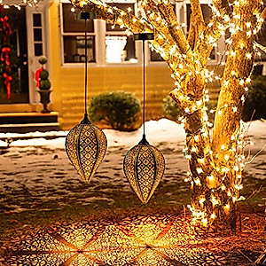 Solar Outdoor Lights Lanterns Waterproof - OxyLED 2 Pack Hanging Decorative Metal Lamps with Pattern for Outside Patio Tree Garden Yard Front Porch Backyard Pathway Christmas Decor Decorations Gifts