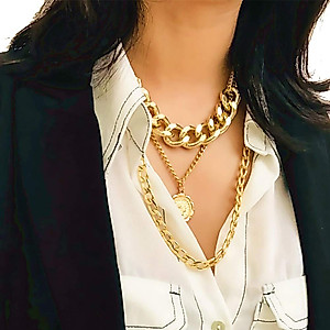 Riymusry Multilayer Chunky Chain Choker Necklace Plate Cuban Pendant Statement Collar Necklace for Women Jewelry Party