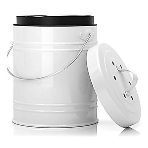 Cooler Kitchen 1.3 Gallon White Countertop Compost Bin - Kitchen Compost bin with EZ-No Lock Lid, Plastic Liner & Charcoal Filters - Sturdy Construction & Odor-Free Seal Dishwasher Safe