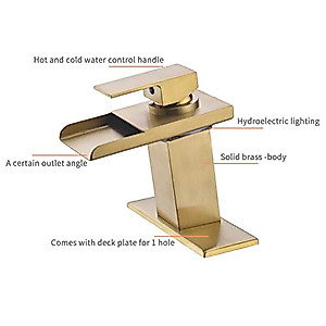 Mekoly LED Bathroom Faucet,Gold Bathroom Sink Waterfall Faucet RV Bath Vanity Faucets for Sinks 1 Hole,Brushed Gold Bathroom Faucets 3 Hole