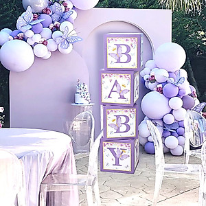 DataMoon Purple Butterfly Baby Shower Boxes Decorations - 4 Purple Balloons Boxes with BABY Letter, Printed Letters,First Birthday Centerpiece Decor, Baby Blocks for Girl, Gender Reveal Backdrop