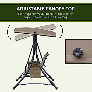 Outsunny 3-Seat Patio Swing Chair, Outdoor Porch Swing Glider with Adjustable Canopy, Side Pouches, Breathable Seat and Back, for Garden, Poolside, Backyard, Brown