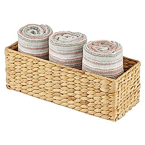 mDesign Woven Hyacinth Narrow Bathroom Toilet Roll Holder Storage Organizer Basket Bin - Rectangle Containers for Bathroom, Toilet Tank - Hold 3 Rolls of Toilet Paper - Natural/Tan
