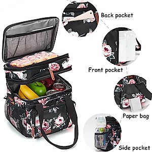 MOV COMPRA Lunch Bag Women Flower Insulated Lunch Box for Work, Expandable Large Lunch Bag, Leakproof Double Deck Lunch Box Cooler Bag with Removable Shoulder Strap（Flower）