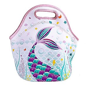 Mermaid Lunch Bag - Neoprene Kids Lunch Bag for Girls Gift Back to School Preschool Kindergarten Elementary Lunchbag Outdoor Picnic Camping Reusable Lunch Tote Bag