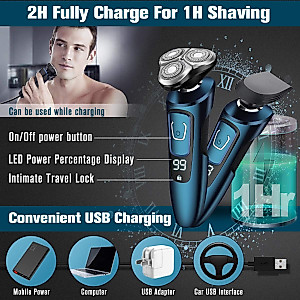 Vifycim Electric Shavers for Men, Mens Electric Razor, Dry Wet Waterproof Man Rotary Facial Shaver Face Shaver Cordless Travel USB Rechargeable with Beard Trimmer Led Display for Husband Shaving