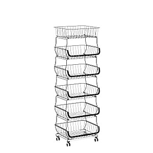 Kitchen Metal Storage Basket with Wheels Stackable Wire Utility Rolling Cart Vegetable Fruit Baskets Rack for Pantry,Potato,Onions,Beverages Storage(6 Tiers)
