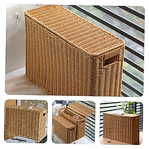 BUTIFULSIC Rattan Magazine Basket with Lid Thin Wicker Storage Decorative Sundries Organizer Handle Book Newspaper Rack