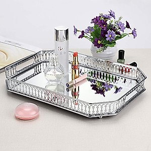 Hipiwe Vanity Makeup Mirror Tray - 13.8" X10" Metal Jewelry Trinket Organizer Tray Cosmetic Perfume Tray Home Decorative Tray for Dresser Bathroom Bedroom Countertop,Large Size