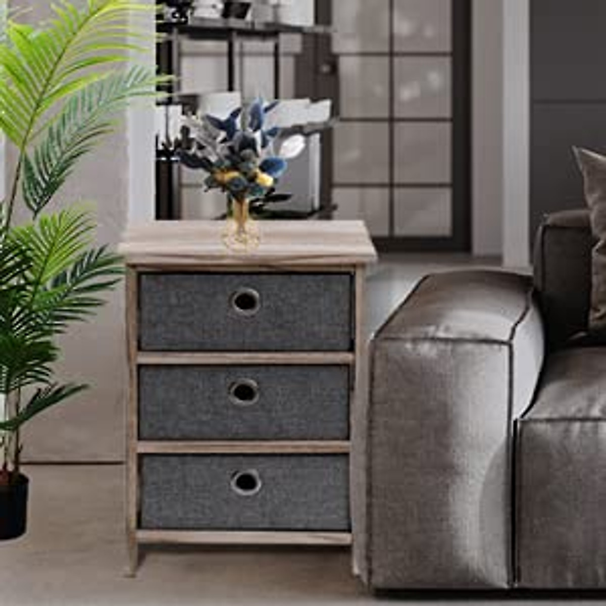 Babion Nightstand with 3 Drawers, Bedside Tables for Bedroom, Hallway, Nightstand Storage Cabinet, End Table with Organizer Fabric Drawers, Wood Top Fabric Dresser, Gray