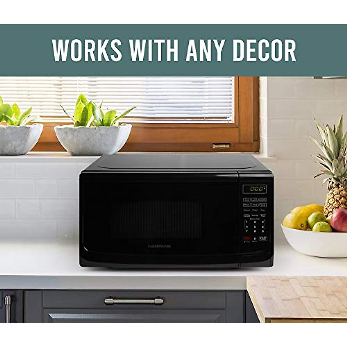 Farberware Compact Countertop Microwave Oven, 0.7 Cu. Ft. 700-Watt with LED Lighting, Child Lock, Easy Clean Grey Interior, Retro Black