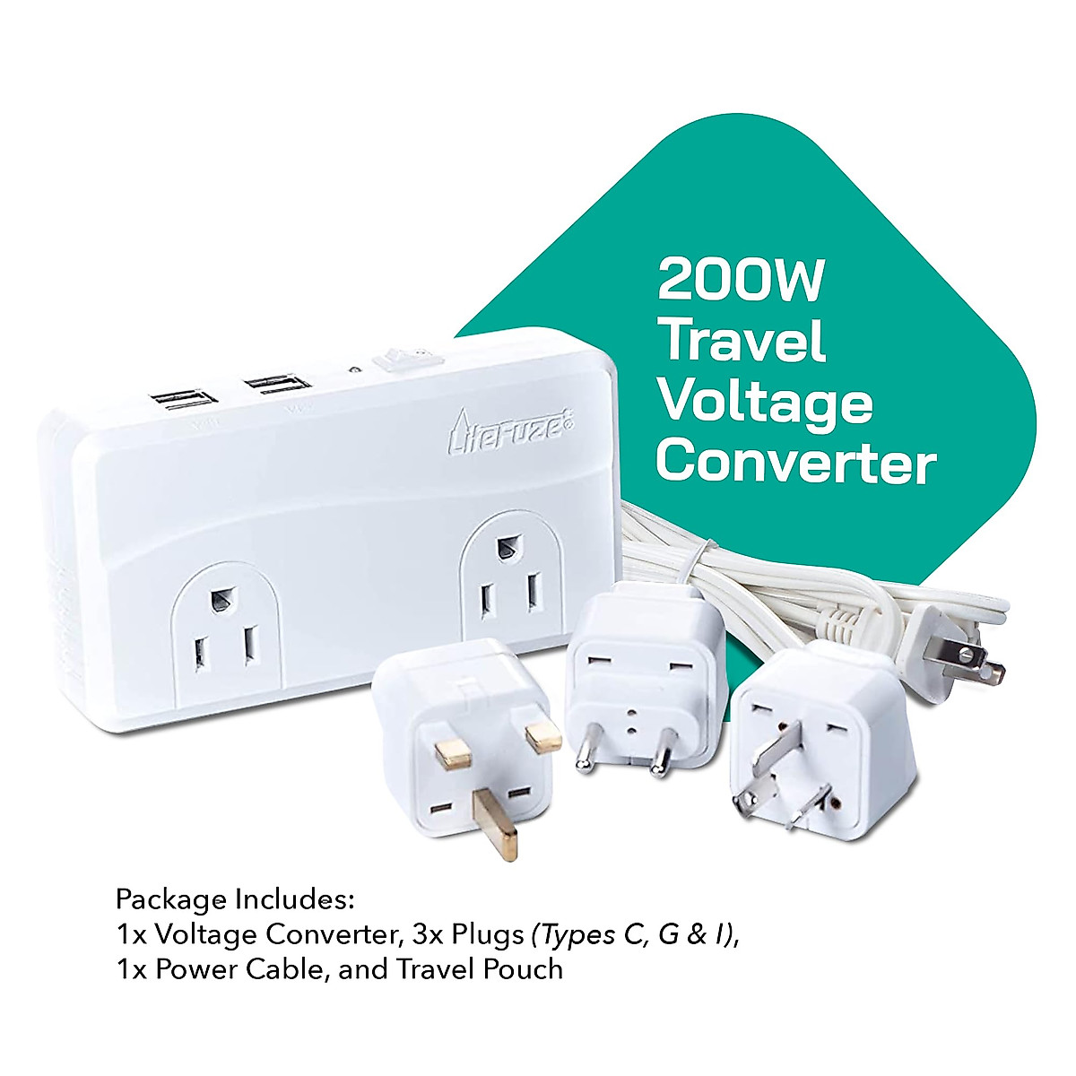 LiteFuze 200W Travel Compact Voltage 220V 50hz to 110V 60Hz Converter - for Clippers, Shavers, Trimmers - EU AU UK Adapter