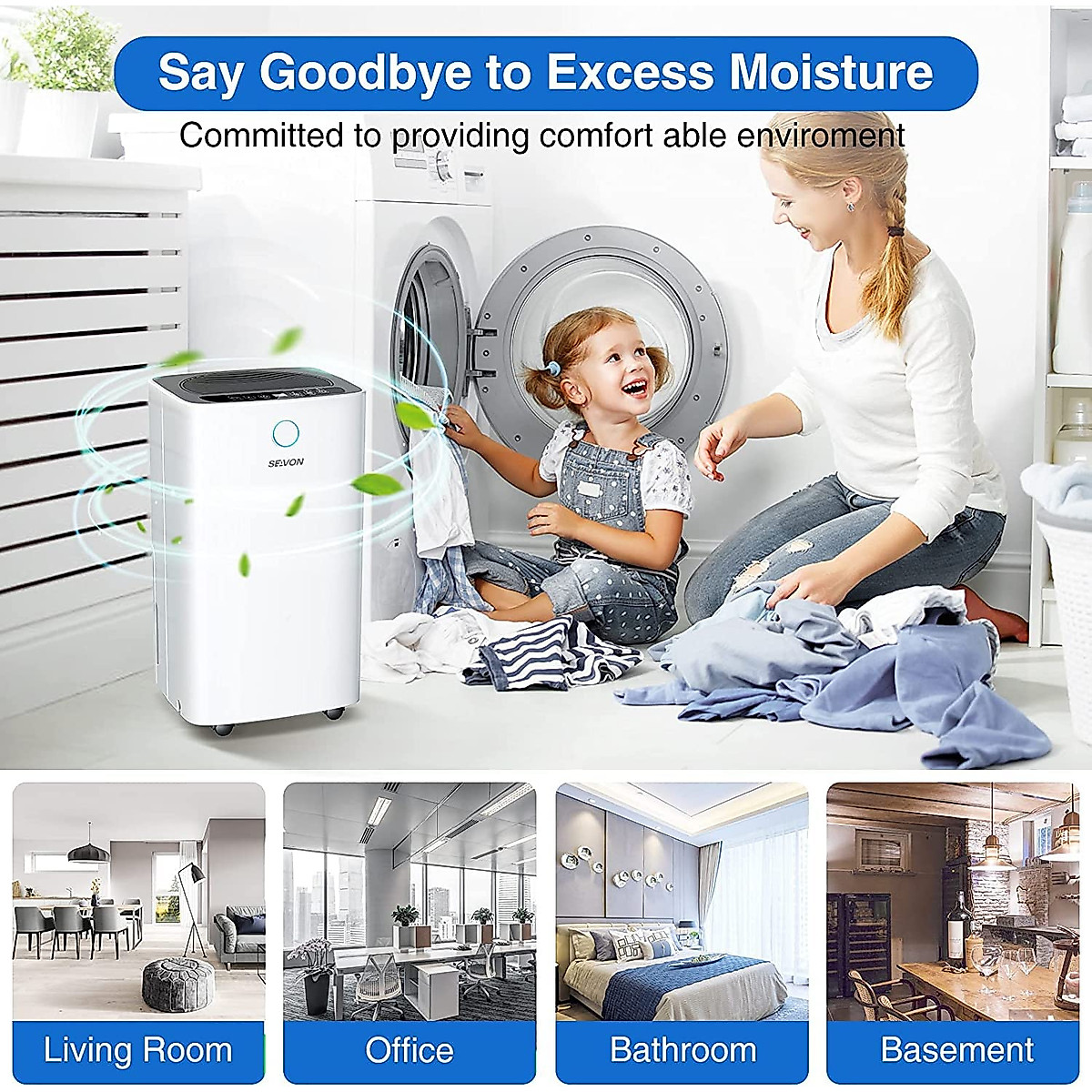 SEAVON 2,000 Sq. Ft Dehumidifiers with Pump for Home and Basements, with 2L Water Tank, Ideal for Bedroom, Bathroom, Intelligent Humidity Control, Continuous Drainage for Living Room/Closet