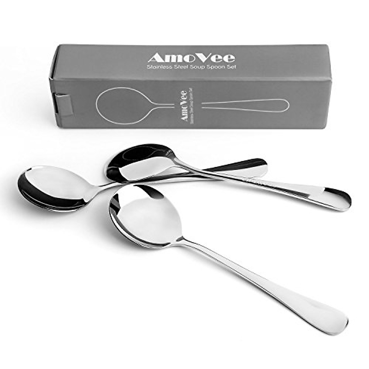Soup Spoons, AmoVee Wholesale Stainless Steel Alpha Round Spoons, Set of 8