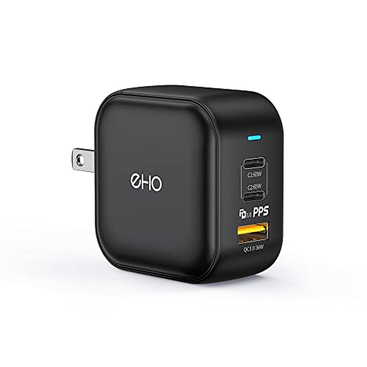 USB C Charger, EHO 65W GaN III PPS Fast Charger Adapter, 3-Port Foldable Compact Wall Charger Compatible with MacBook Pro/Air, Galaxy S22/S21, Note 20/10+, iPhone 13/12, iPad Pro, and More, Black