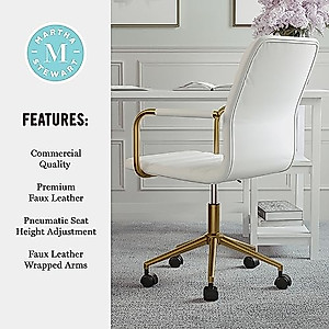Martha Stewart Taytum Swivel Task Chair with Armrests for Home Office in White Faux Leather with Polished Brass Frame