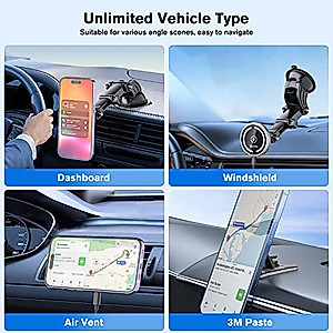 OHLPRO Magnetic Wireless Car Charger for MagSafe Mount iPhone 14/13/12 Series, Strong Suction Cup Phone Holder for Car Dashboard Windshield Vent, with Adjustable Telescopic Arm and QC3.0 Car Adapter